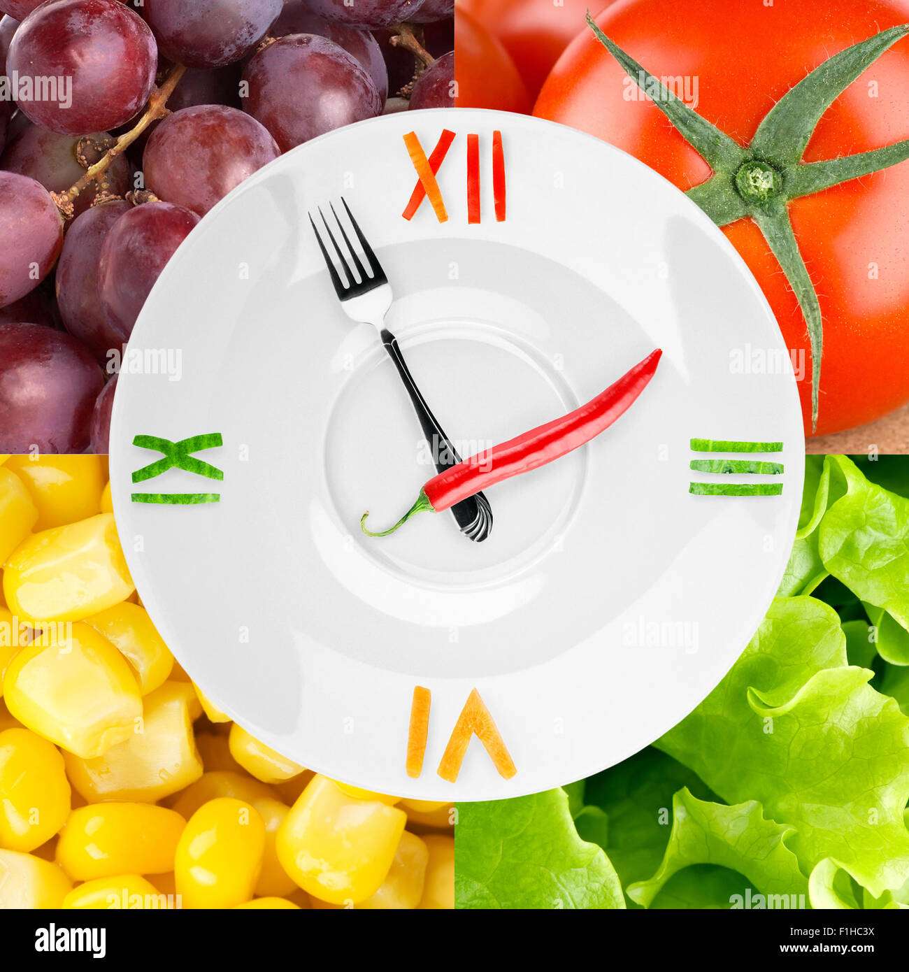Food clock with vegetables and fruits as background. Healthy food ...