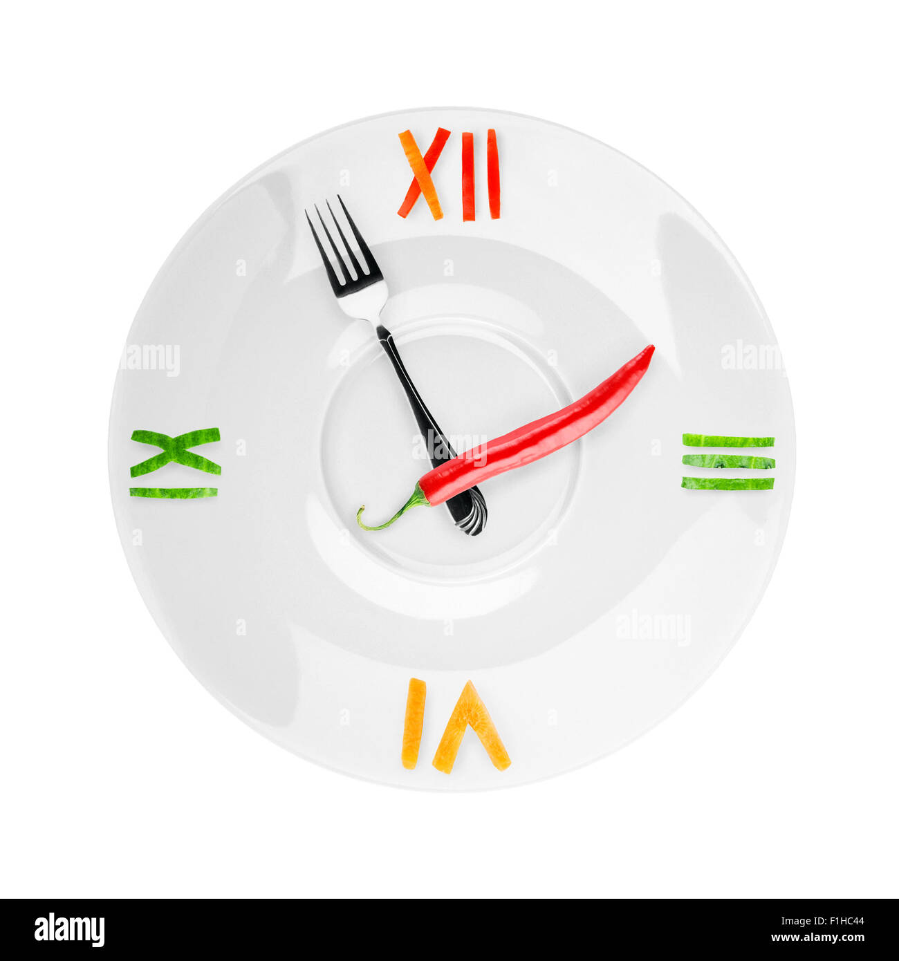 Food clock on white background. Healthy food concept Stock Photo - Alamy