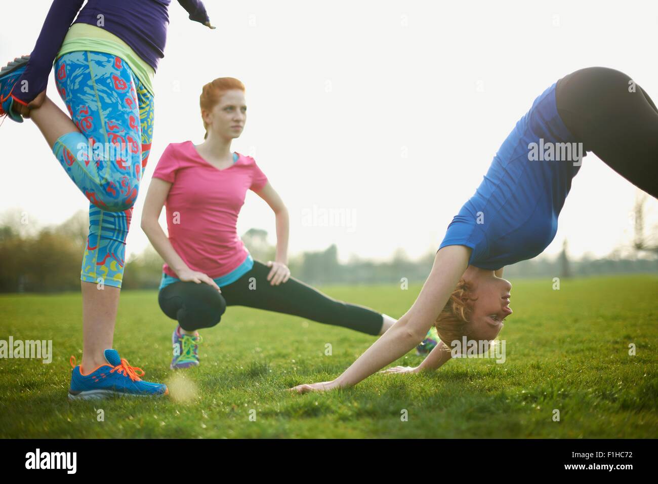 Three women exercising and stretching in the park Stock Photo - Alamy