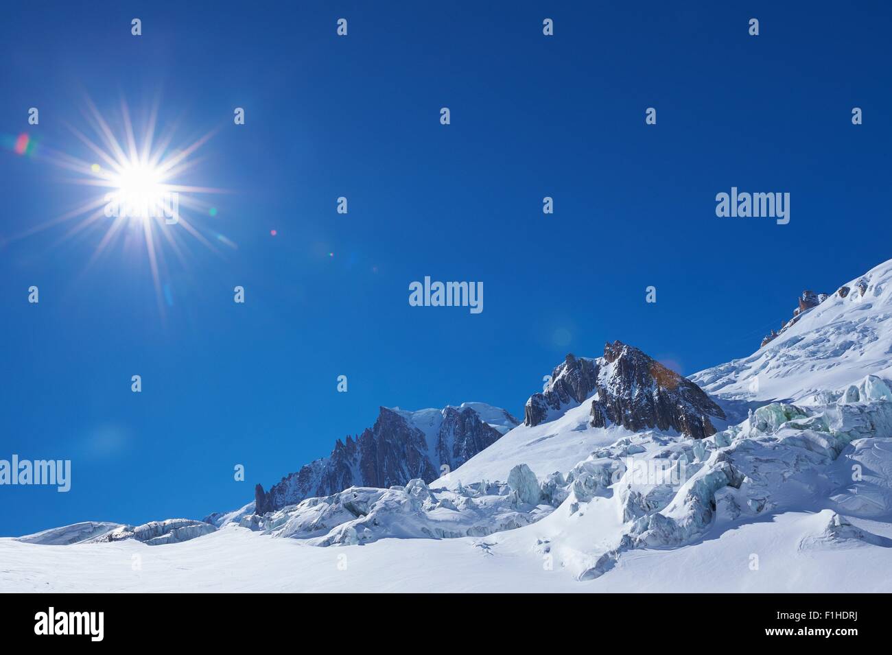 Snow covered landscape and blue sky, Mont Blanc massif, Graian Alps ...