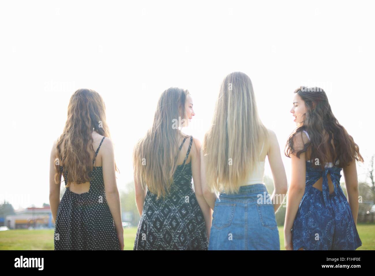Rear view of four teenage girls chatting in park Stock Photo - Alamy