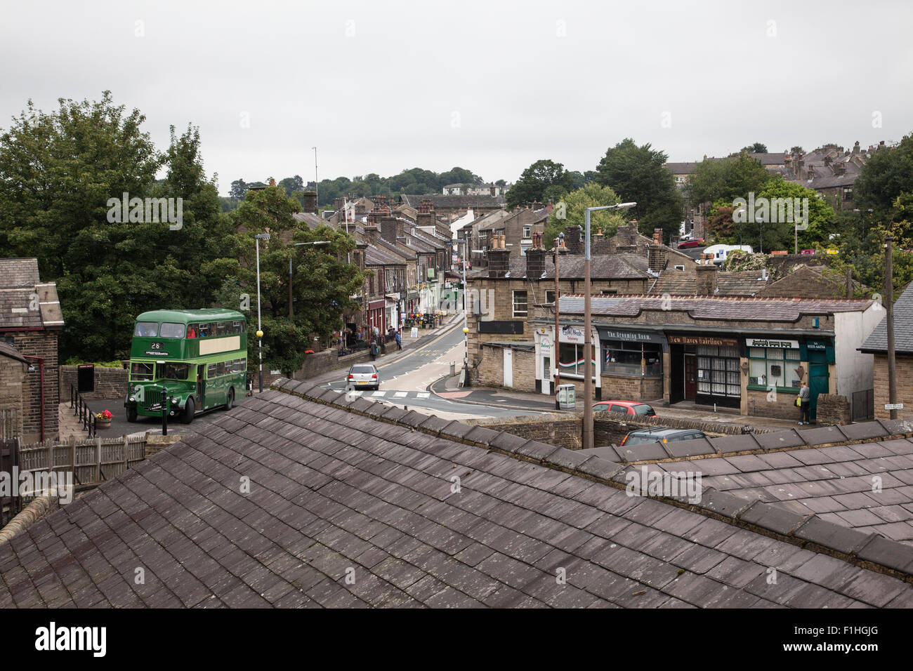 View of the West Yorkshire village of Haworth looking down Station Road ...