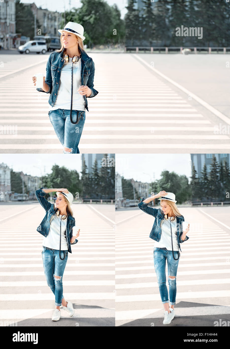 Walking on zebra cross Stock Photo - Alamy