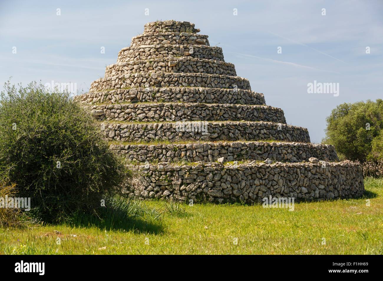 View of circular stepped ancient Talayotic building, Menorca, Spain ...