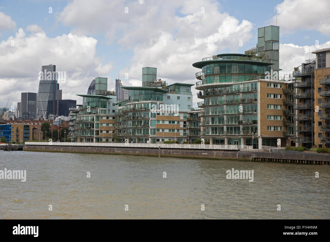Riverside apartments and office buildings as seen from the River Thames ...