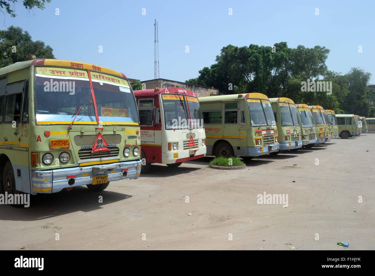 Allahabad, India. 02nd Sep, 2015. Buses stand at bus station during ...