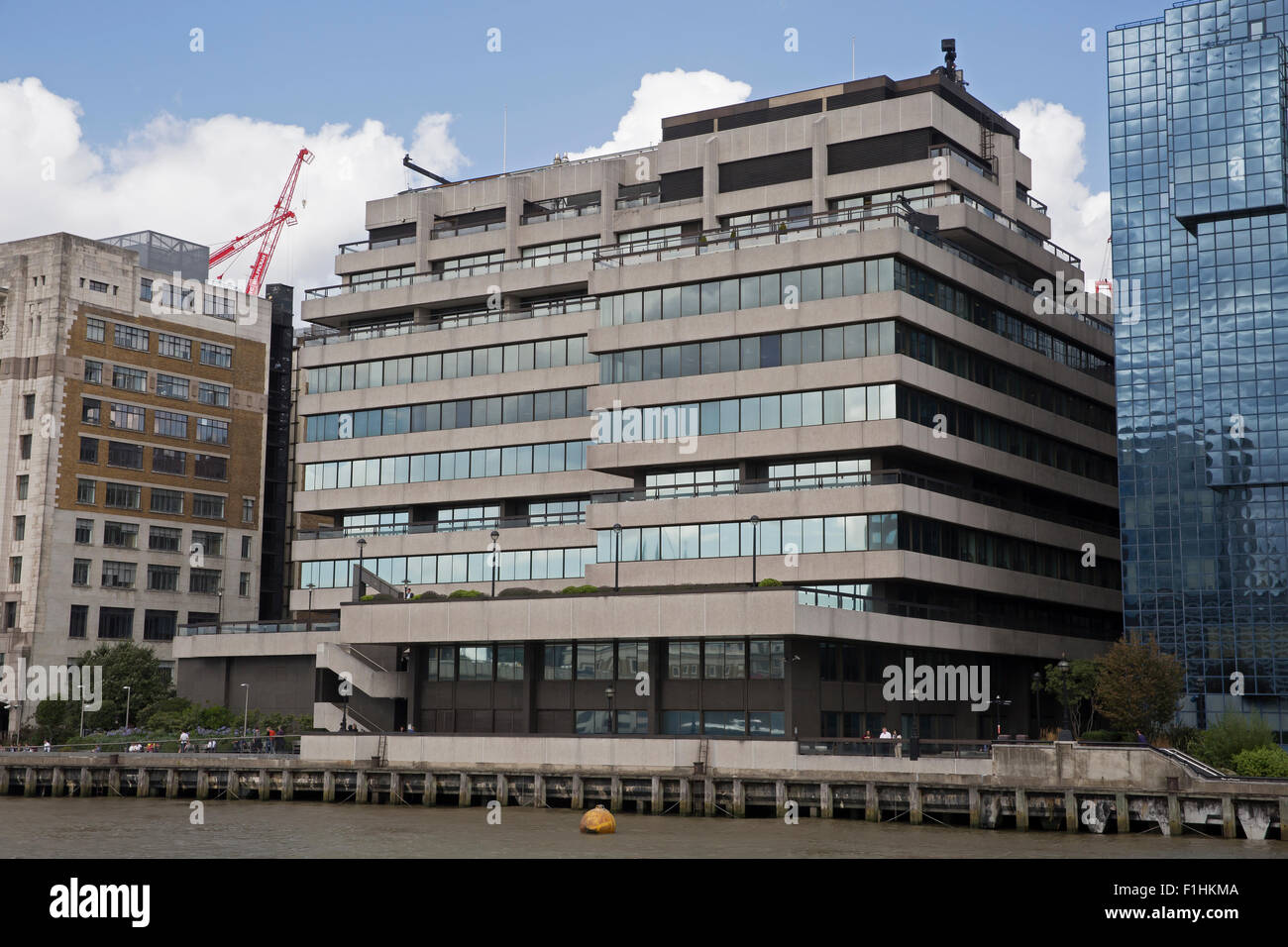 Riverside apartments and office buildings as seen from the River Thames ...