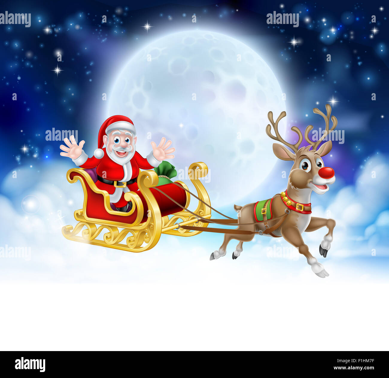 Santa Christmas moon background with clouds and stars. Fades to white ...