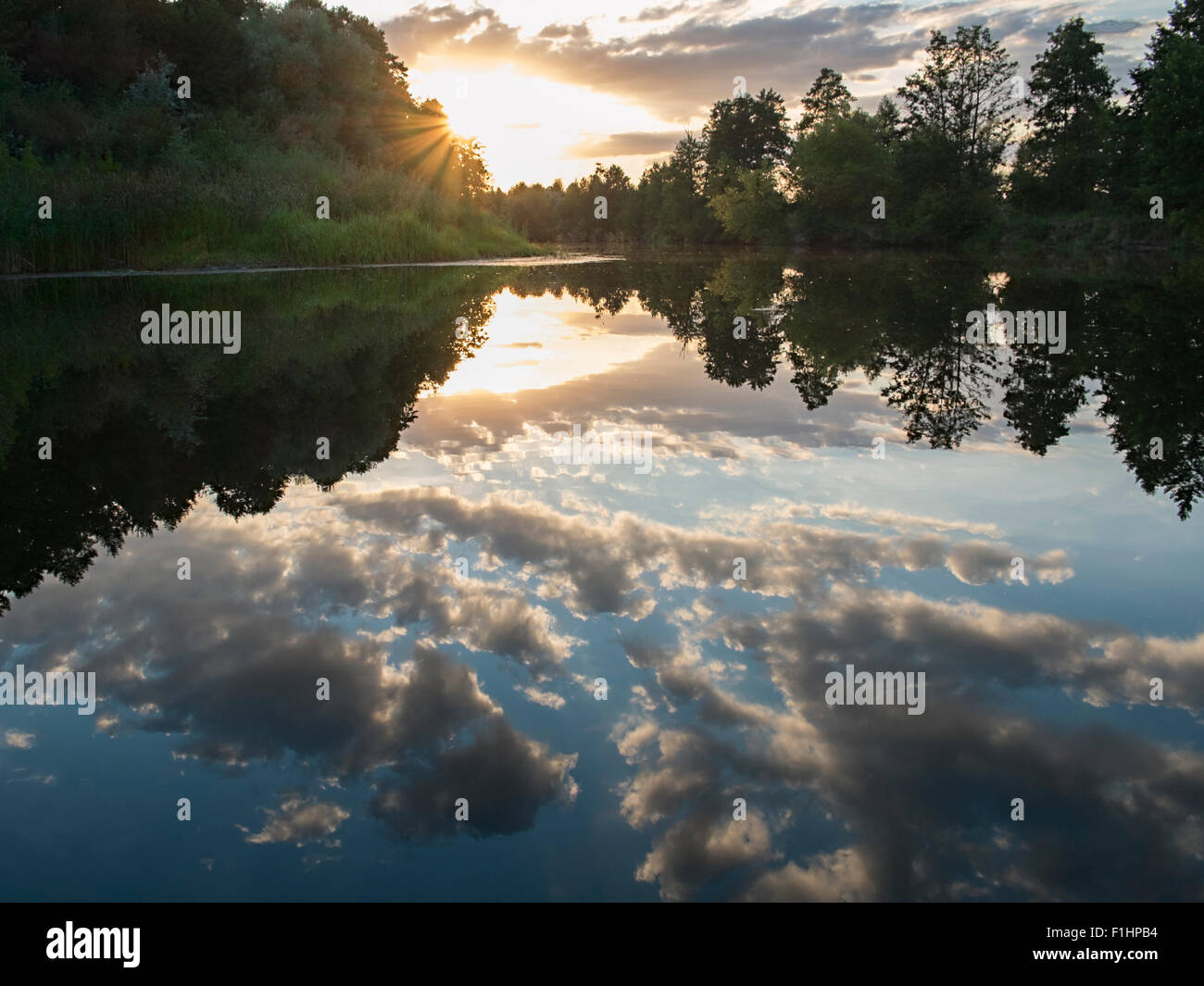 Summer sunset over river in green forest with clouds reflection Stock ...