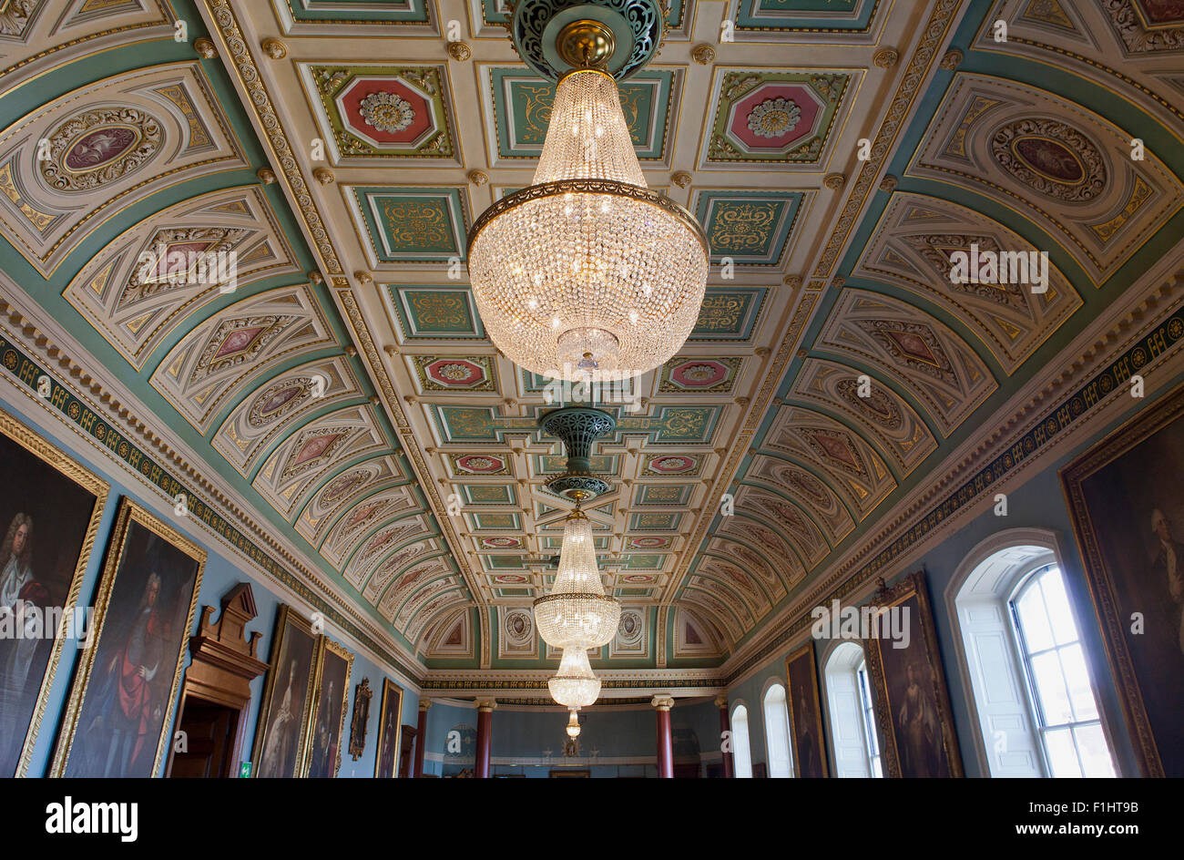 Interior of Worcester Guildhall, showing chandelier and ornate ceiling ...