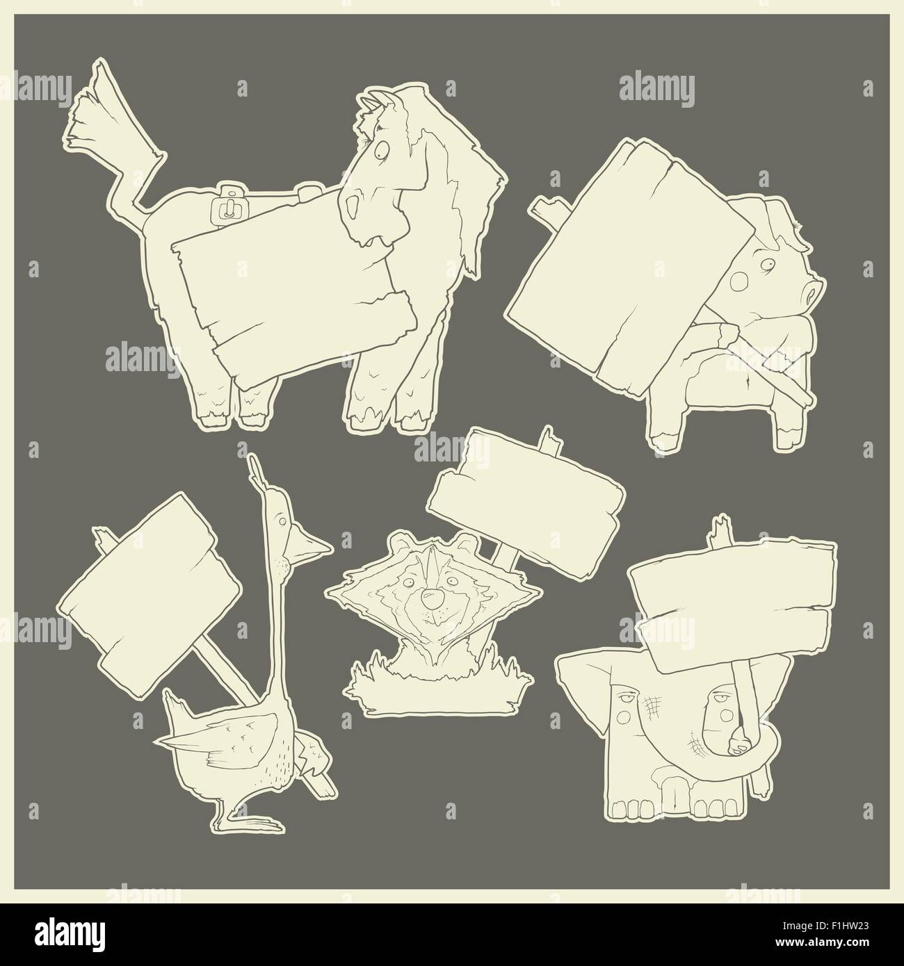 Hand-drawn cartoon vector collection of animals with posters Stock ...
