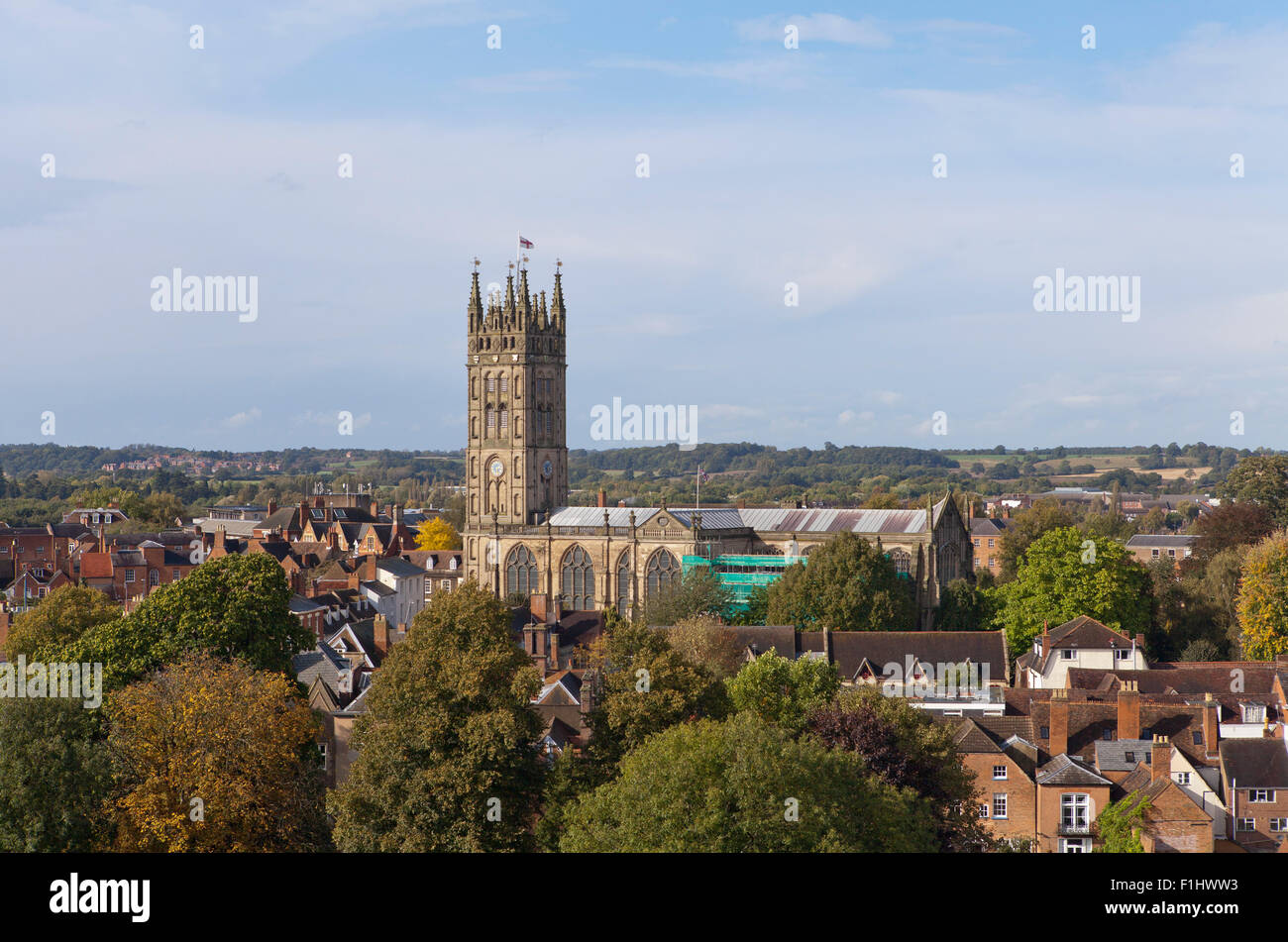 View of Collegiate Church of St Mary from ramparts of Warwick Castle ...