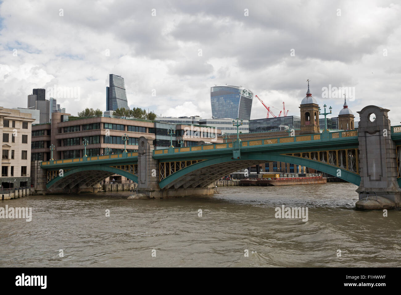 Riverside apartments and office buildings as seen from the River Thames ...