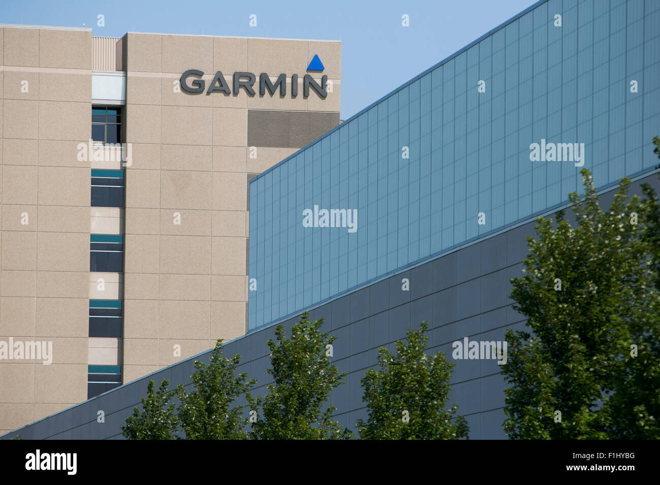 A logo sign outside of the U.S. headquarters of Garmin Ltd., in Olathe ...