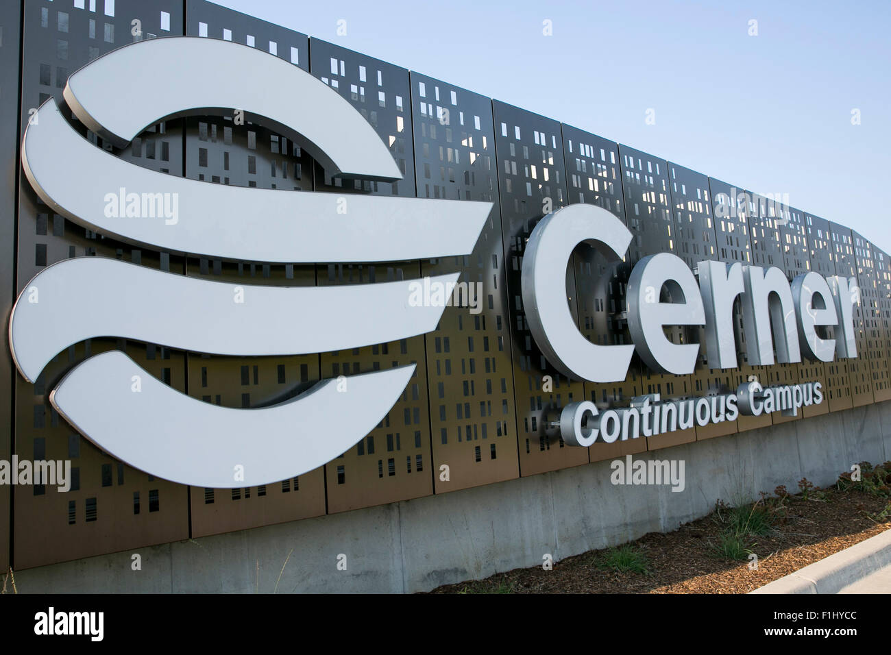 A logo sign outside of the Cerner Corporation Continuous Campus in ...