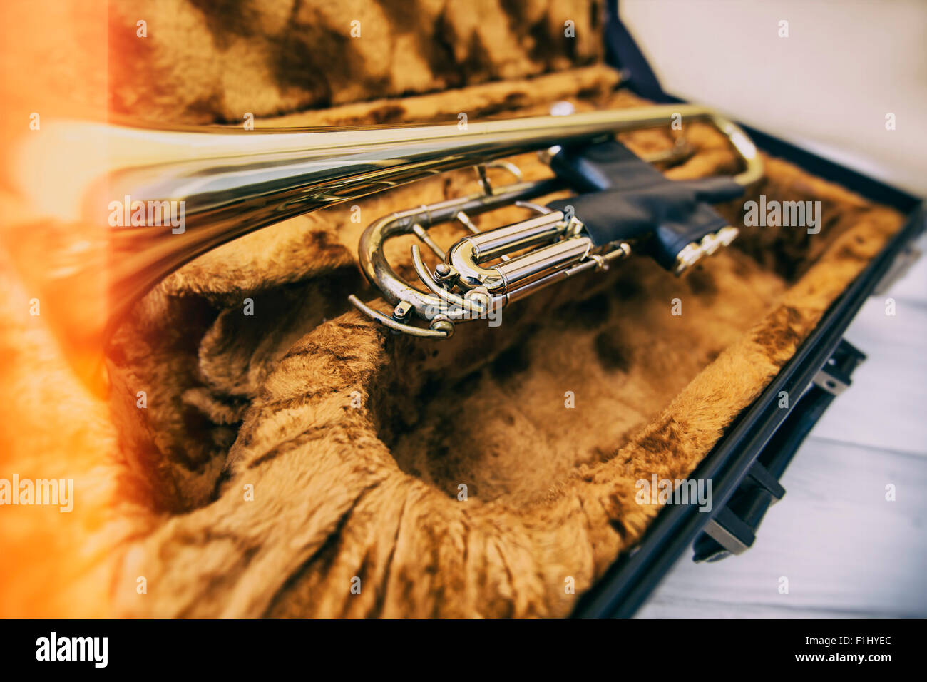Gold trumpet in case Stock Photo - Alamy
