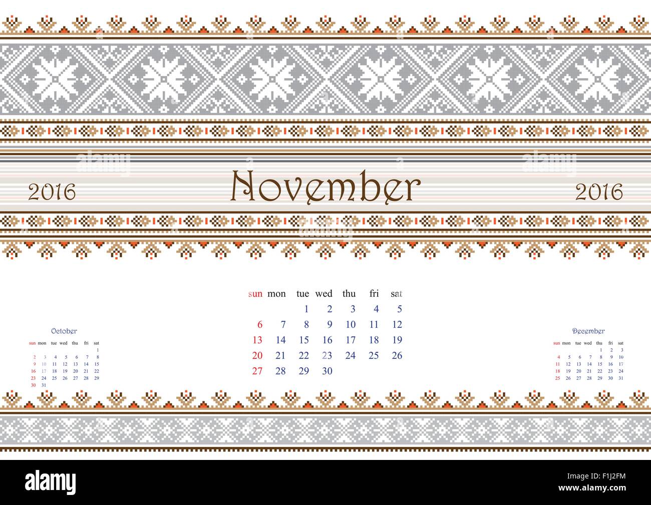 2016 Calendar with ethnic round ornament pattern in white red blue ...