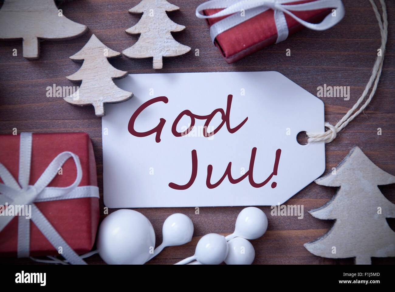 Label Gift Tree God Jul Means Merry Christmas Stock Photo - Alamy