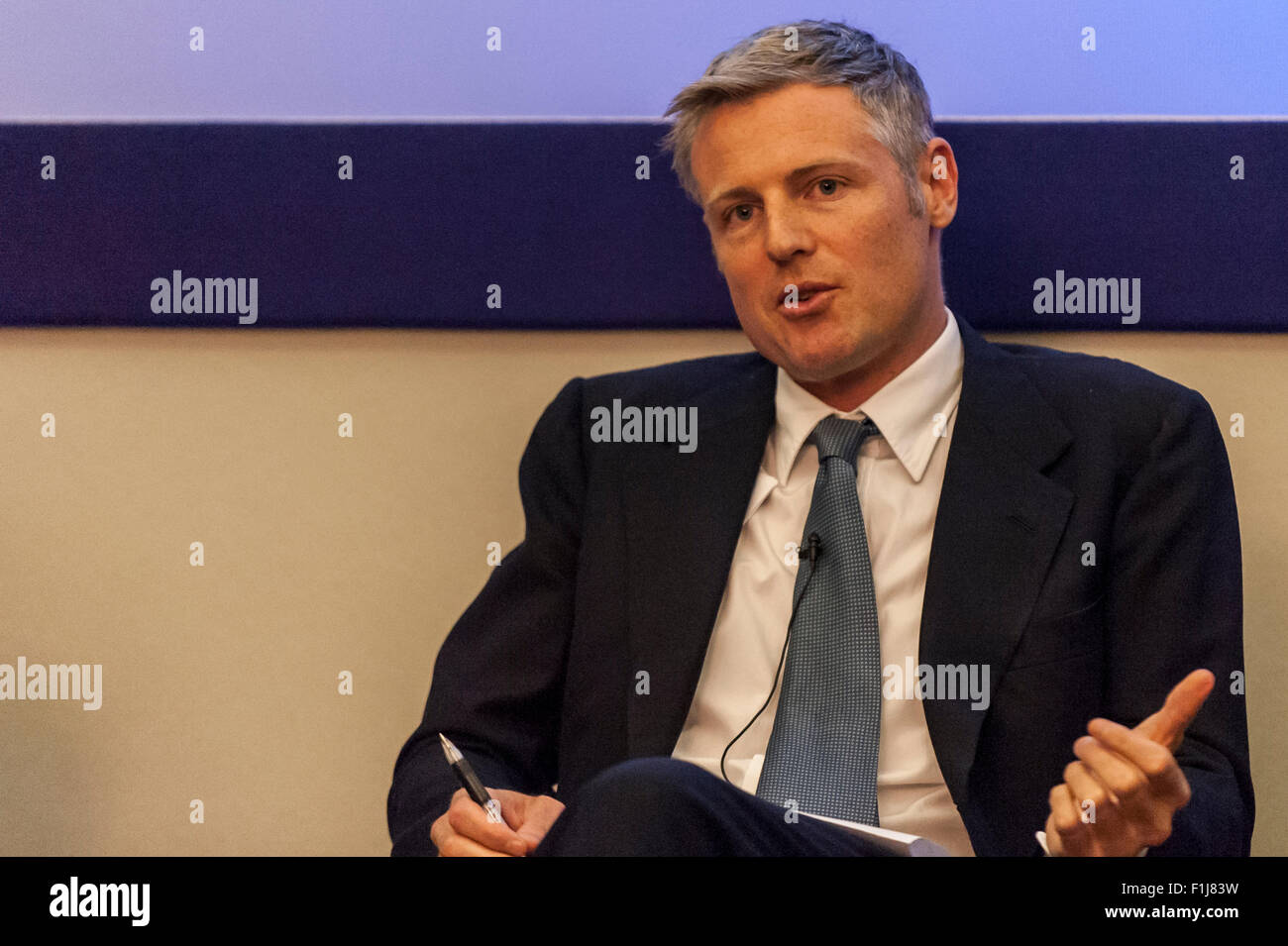 London, UK. 2 September 2015. Zac Goldsmith speaks as Centre for London ...