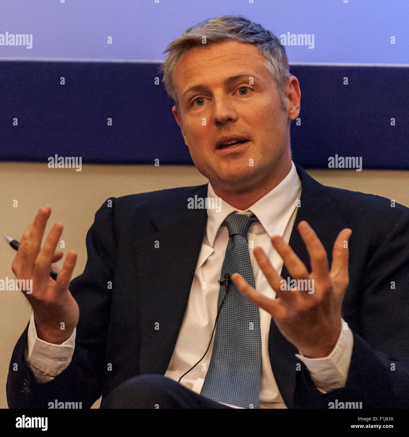London, UK. 2 September 2015. Zac Goldsmith speaks as Centre for London ...