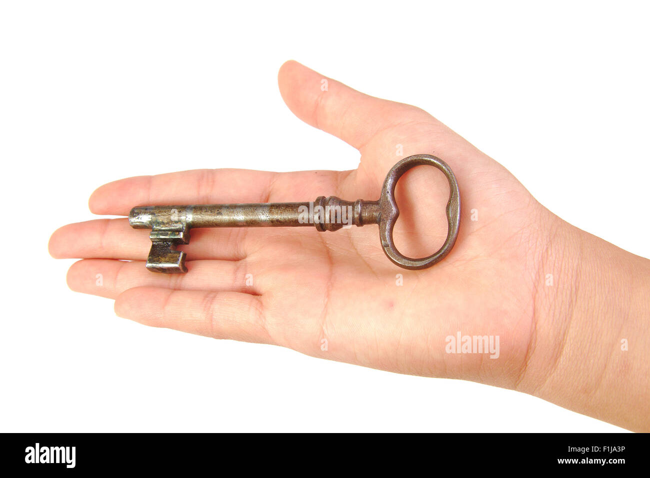 Old key in hand isolated on white background Stock Photo - Alamy