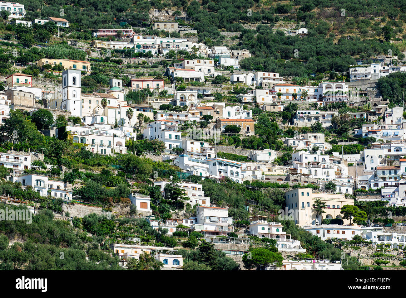 Panoramic view of the scenic town of Praiano and the church of San Luca ...