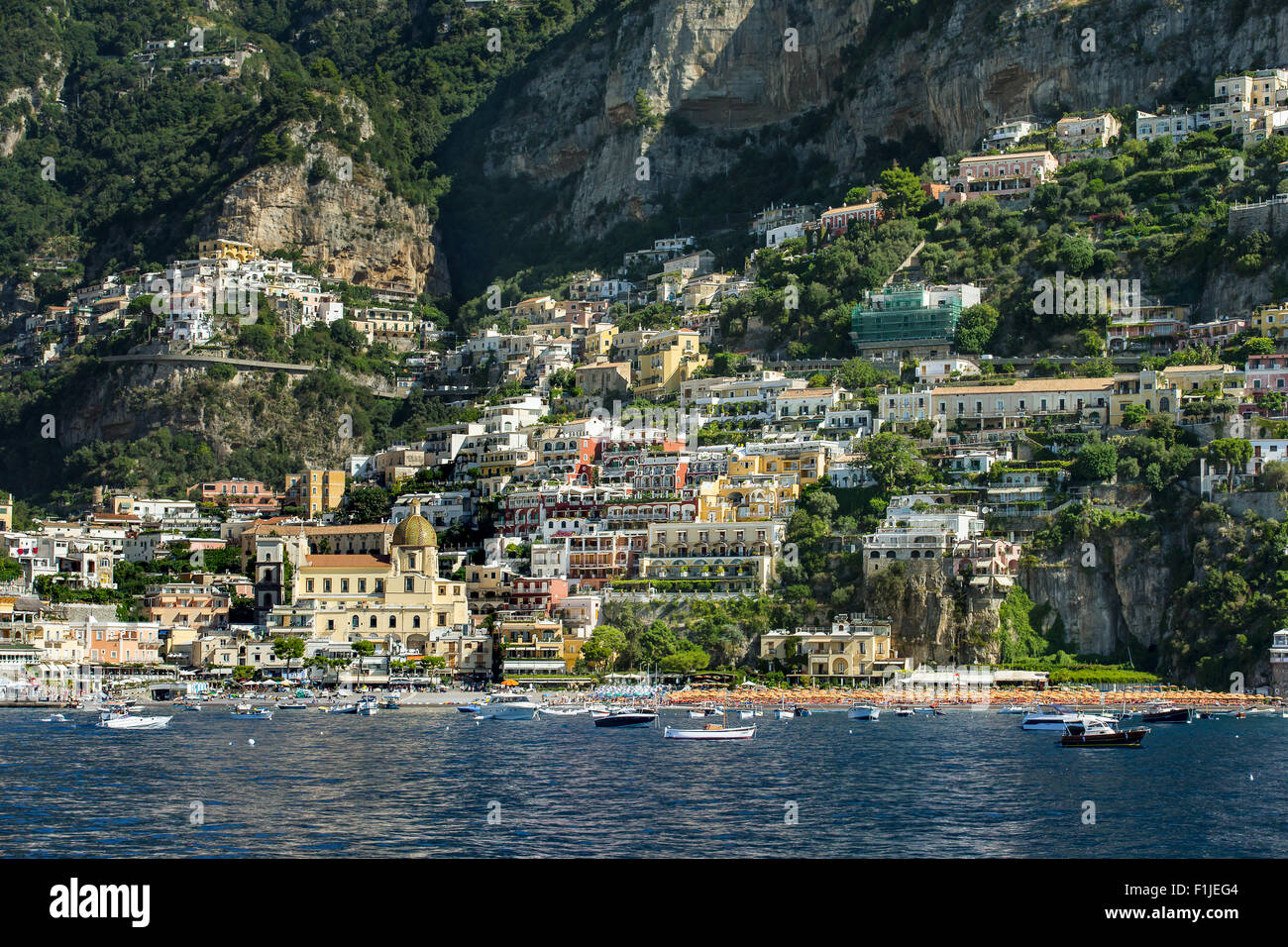 Panoramic view of the scenic town of Positano and Santa Maria Assunta ...