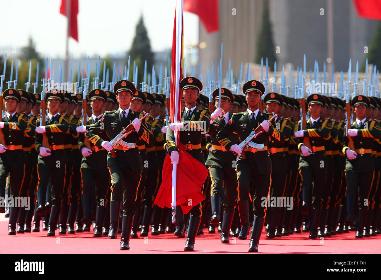 Beijing, China. 3rd Sep, 2015. Soldiers escort the Chinese national ...