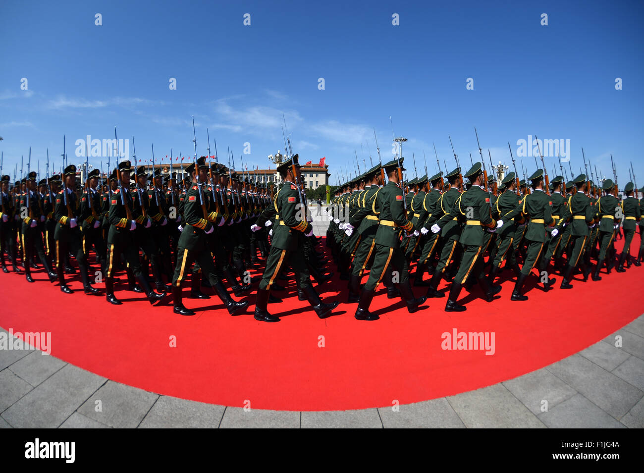 Beijing, China. 3rd Sep, 2015. Soldiers escort the Chinese national ...