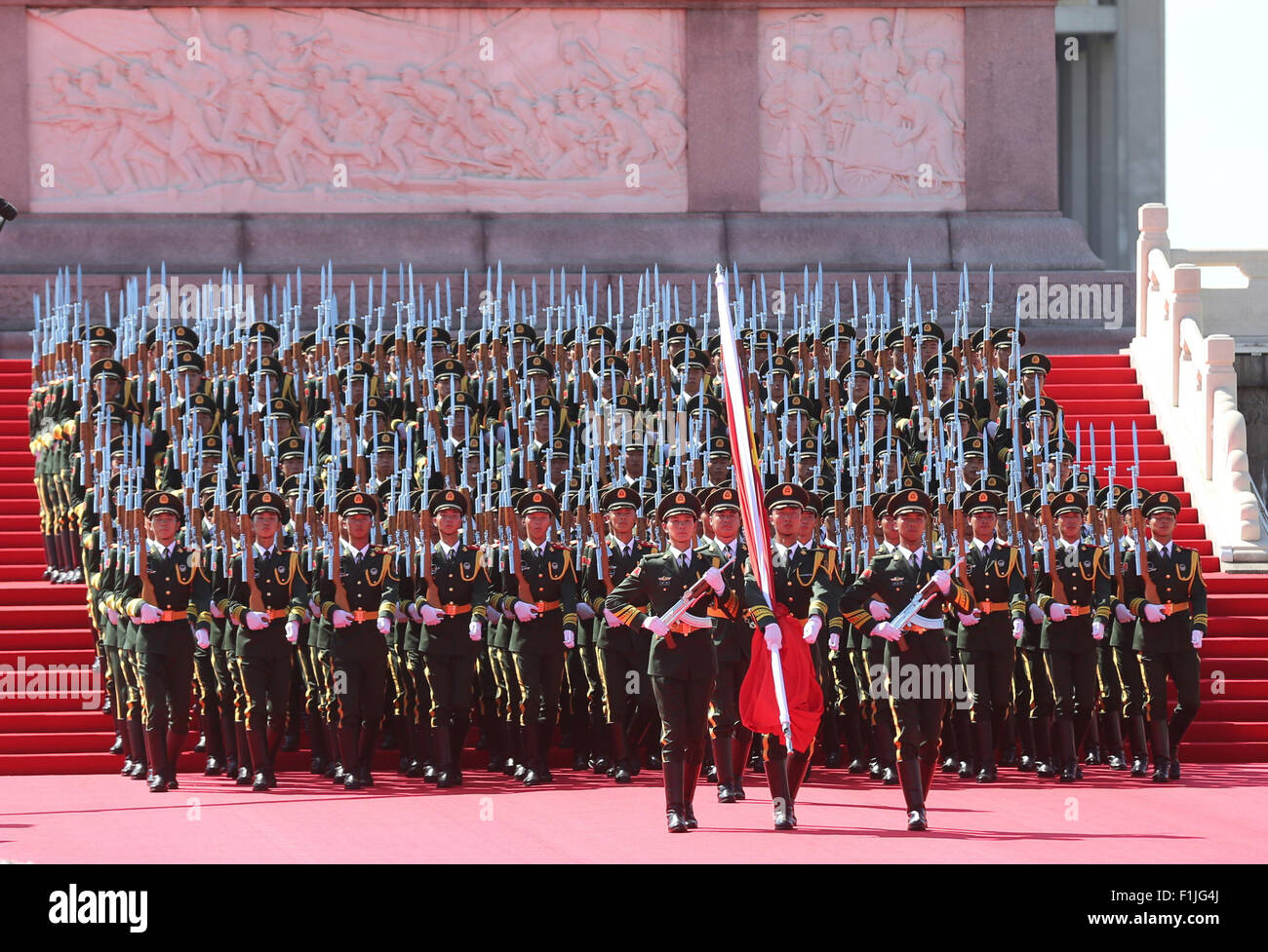 Beijing, China. 3rd Sep, 2015. Soldiers escort the Chinese national ...