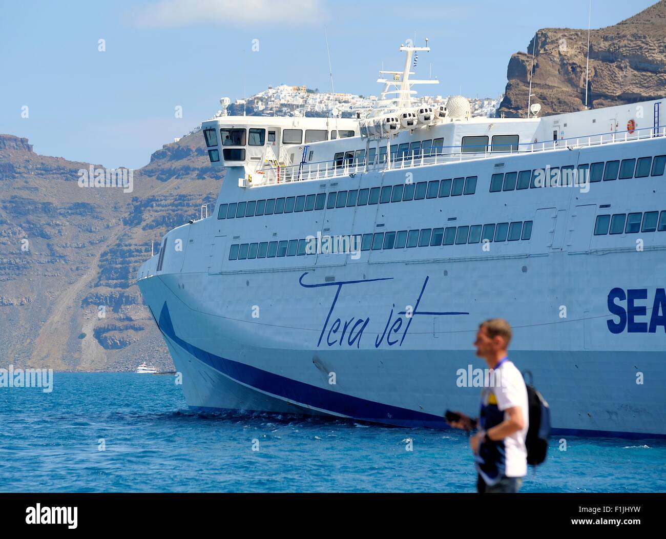 A Seajets Catamaran Passenger Ferry docked in Ormos Athinios Santorini ...