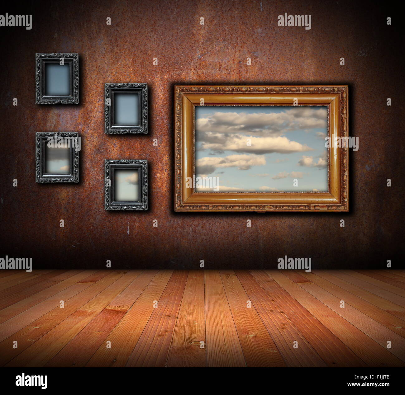 architectural interior backdrop with wooden frames on grunge wall Stock ...