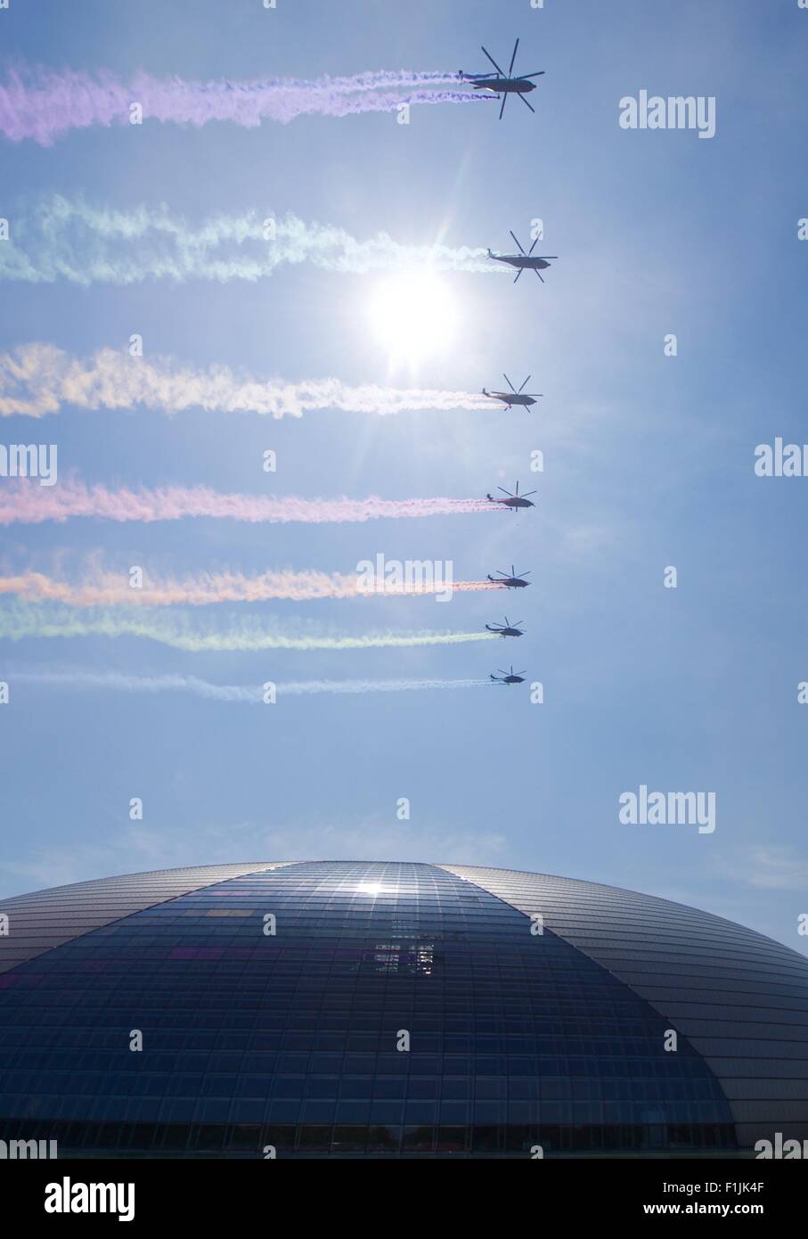 Beijing, China. 3rd Sep, 2015. Helicopters fly in a parade in Beijing ...