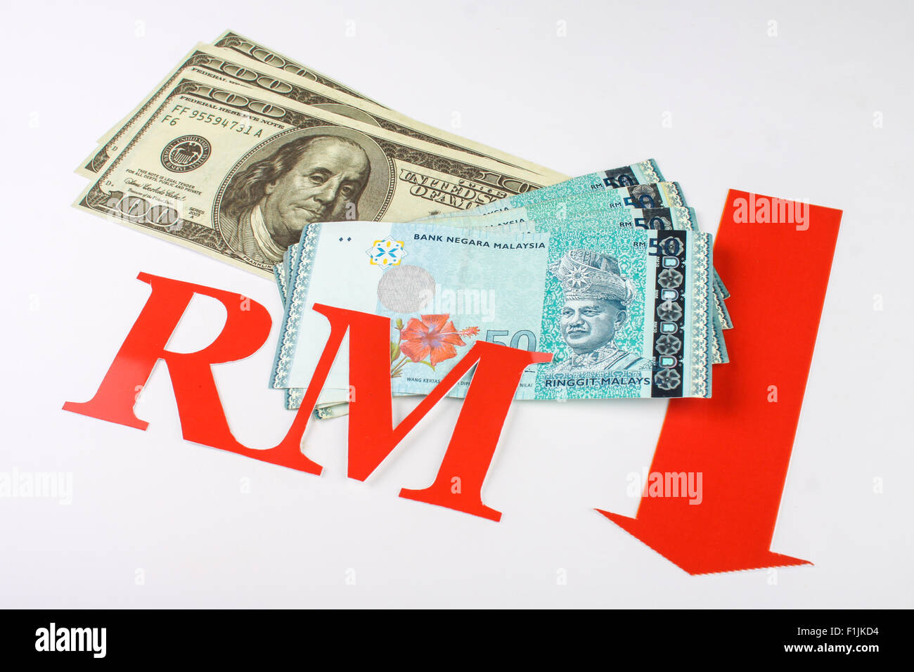 malaysian and the united states of america's money with red arrow and ...