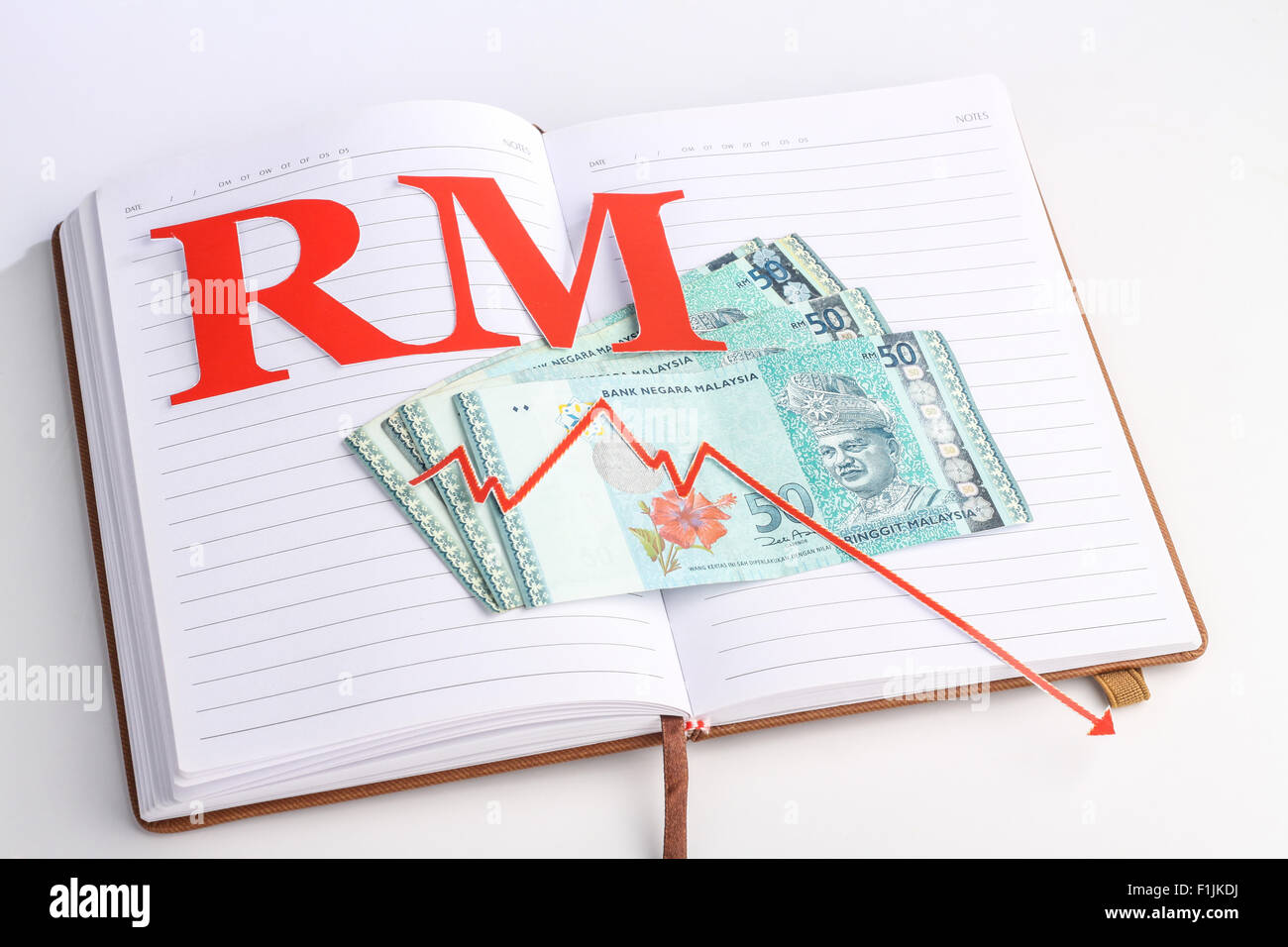 malaysian money with red arrow and malaysia ringgit sign on notebook ...