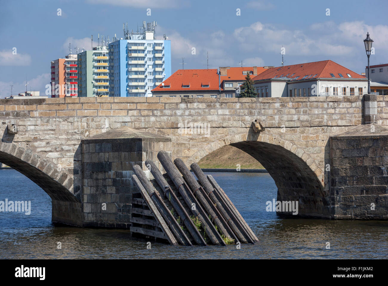 The oldest Gothic stone bridge in the Czech Republic. Over Otava River ...