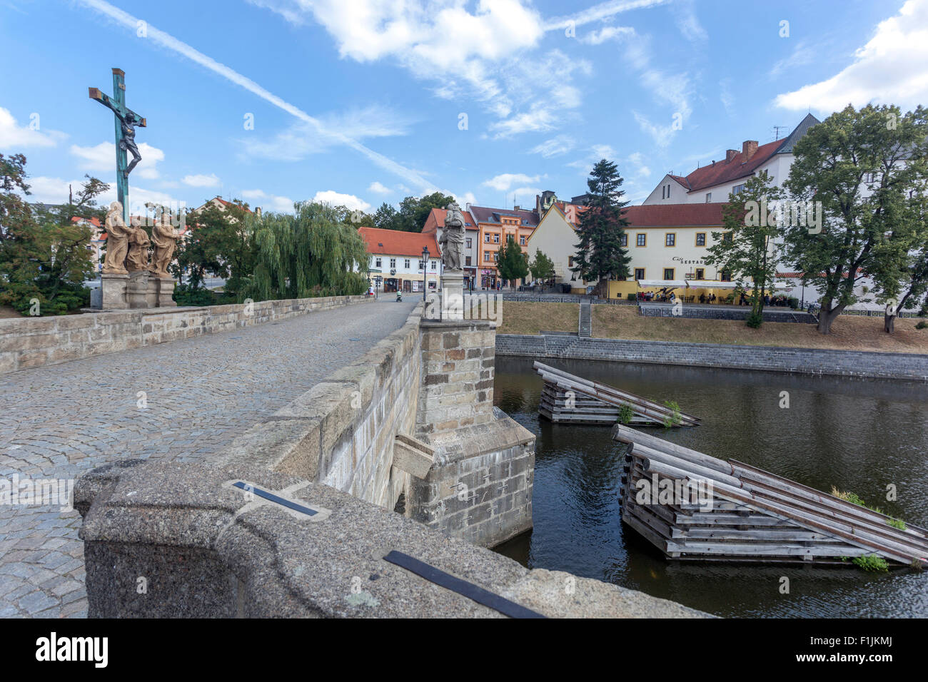 The oldest Gothic stone bridge in the Czech Republic. Over Otava River ...