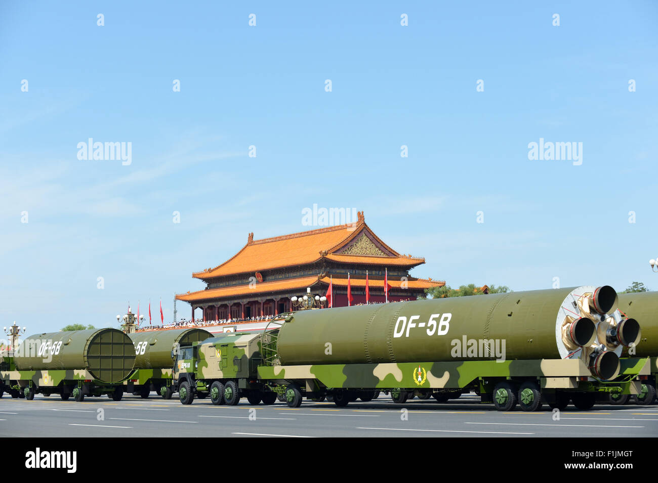 Beijing, China. 3rd Sep, 2015. DF-5B nuclear missiles are displayed in ...