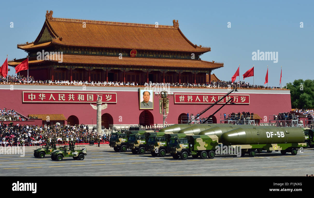 Beijing, China. 3rd Sep, 2015. Nuclear missiles are displayed in a ...