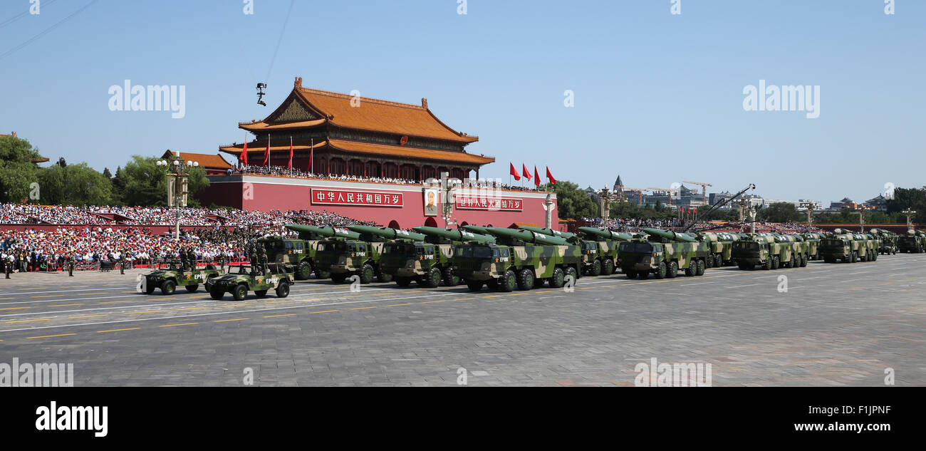 Beijing, China. 3rd Sep, 2015. Conventional missiles are displayed in a ...