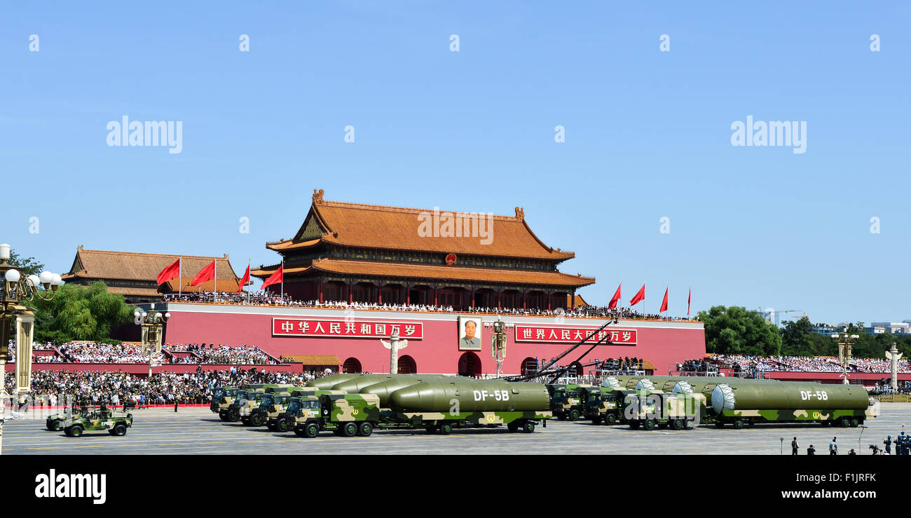 Beijing, China. 3rd Sep, 2015. Nuclear missiles are displayed in a ...