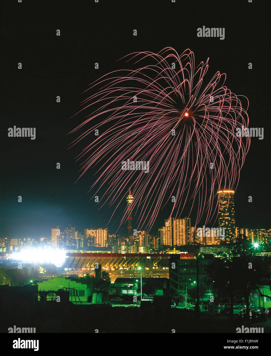 Fireworks over city skyline. Johannesburg skyline, Gauteng Province ...
