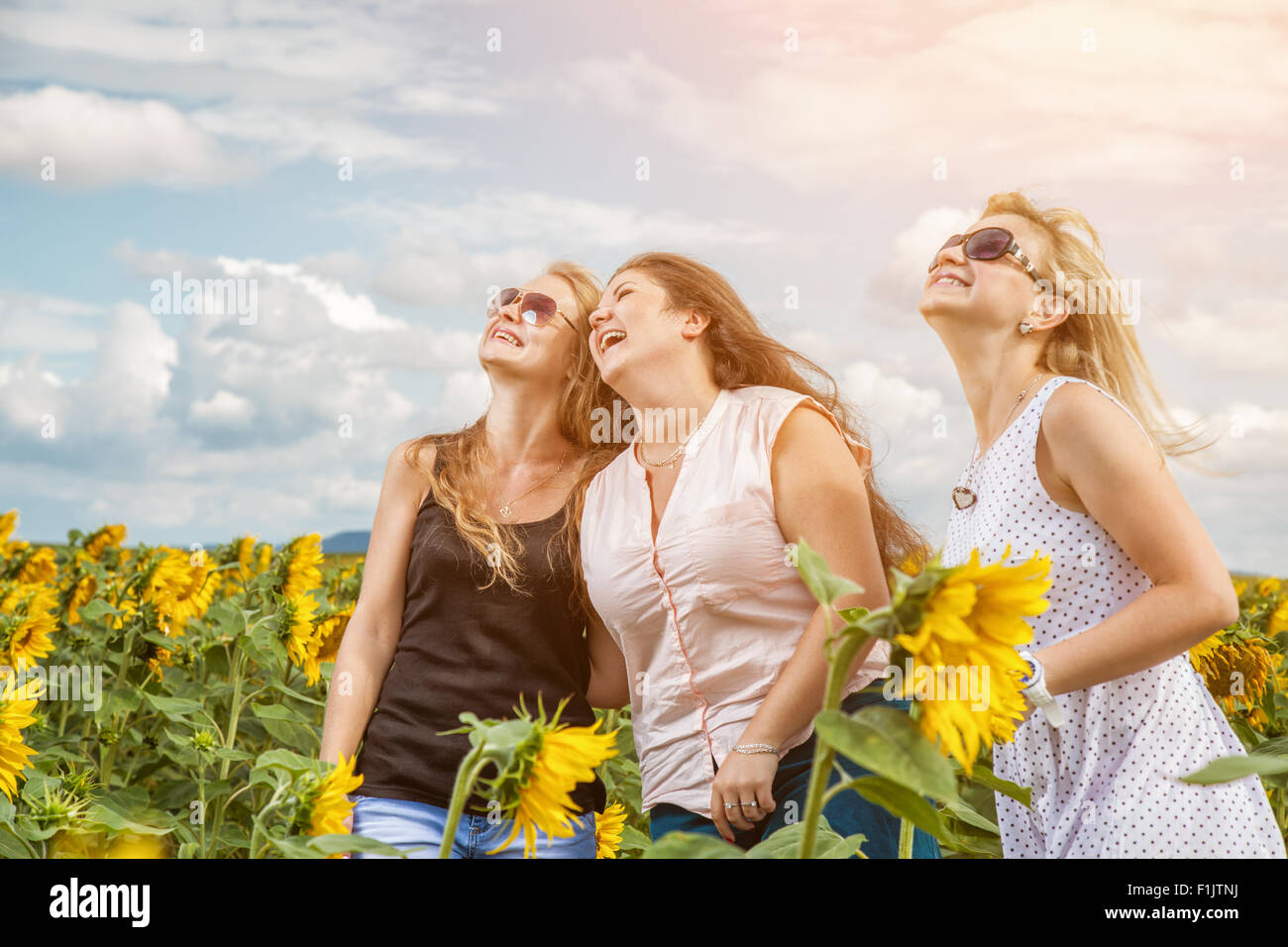 Three friends having a good time outdoors in a field Stock Photo - Alamy