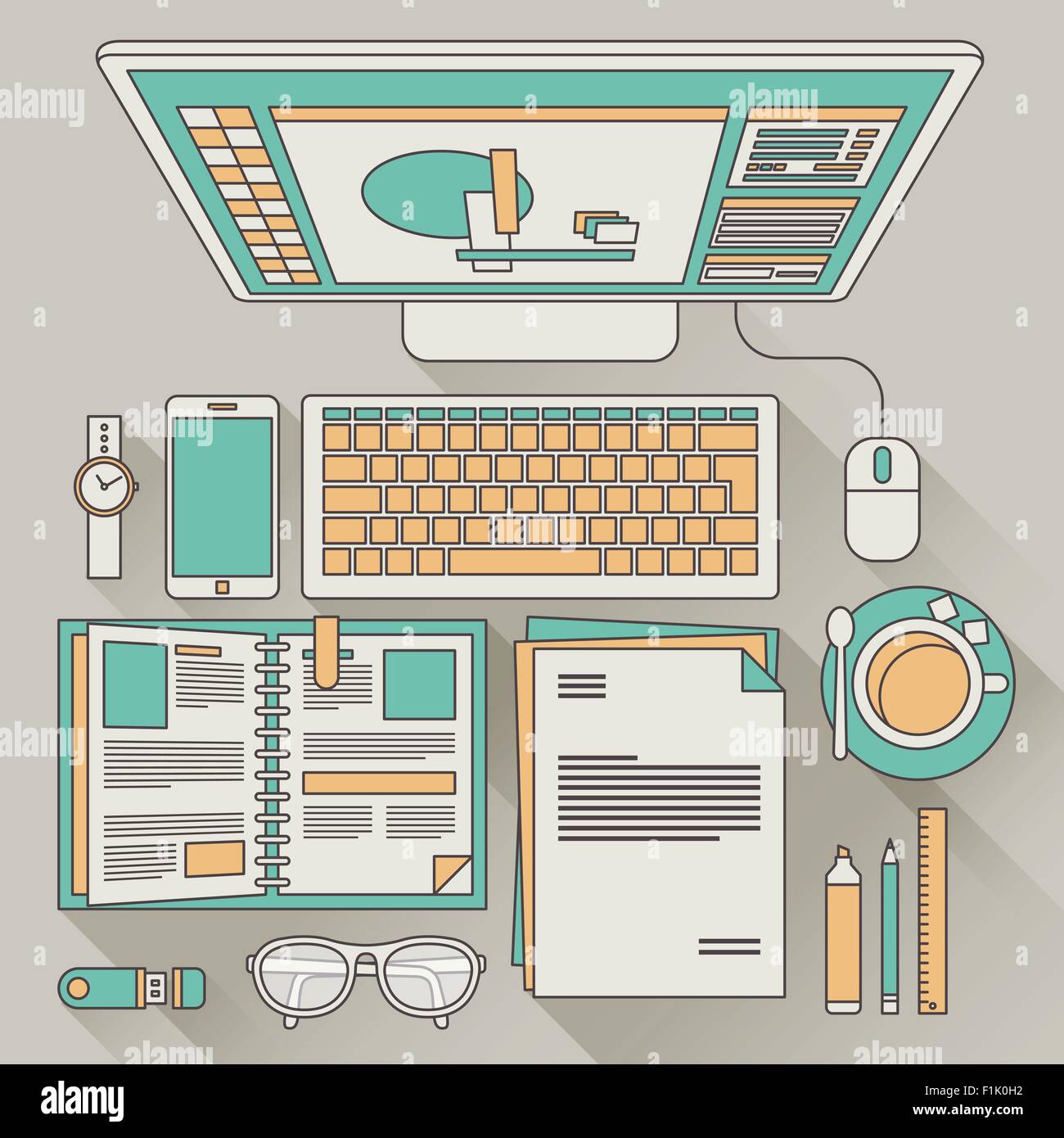 top view of work place concept in thin line style Stock Vector Image ...