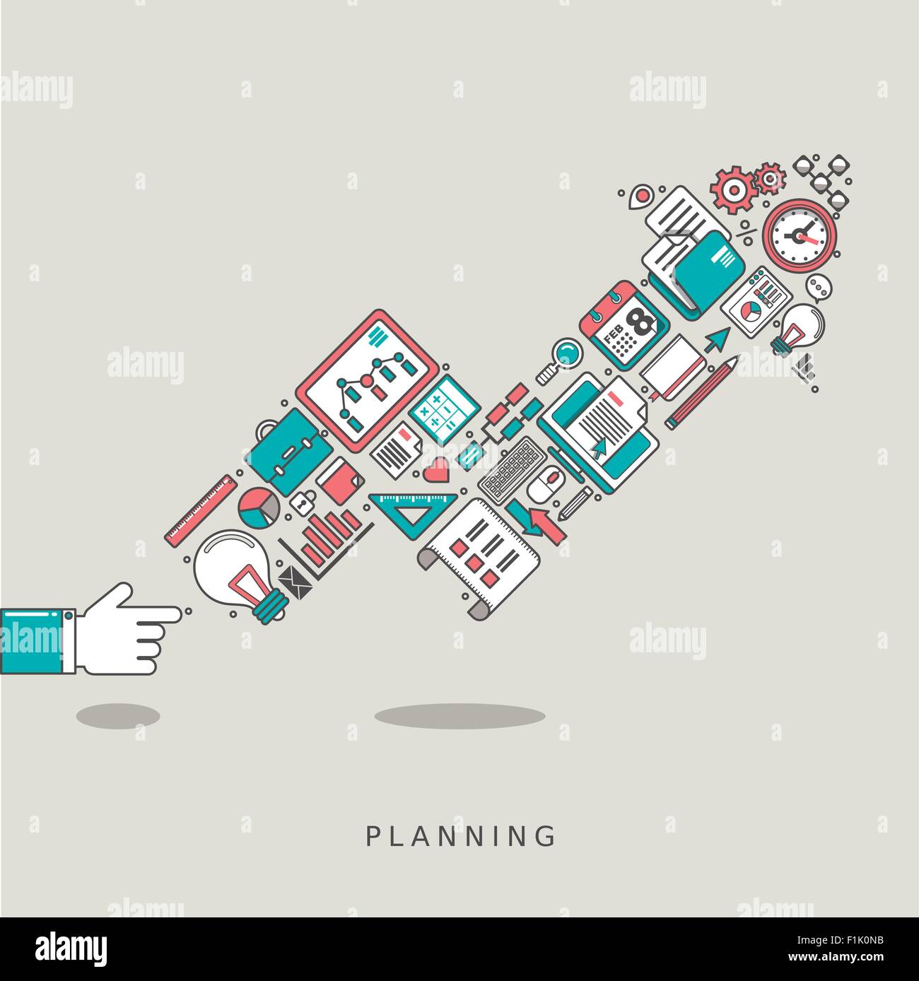 planning concept: growing arrow composed of business icons in thin line ...