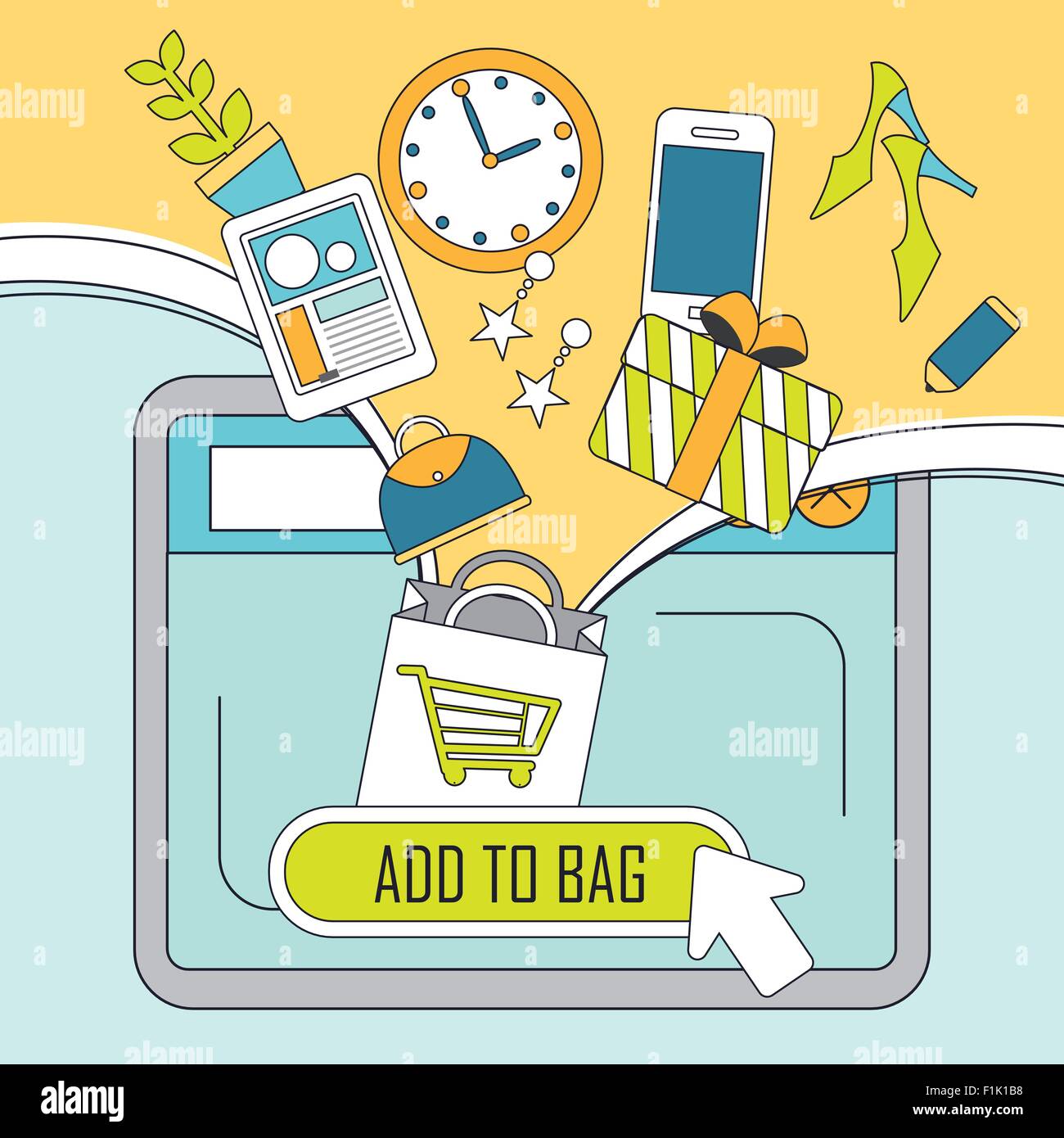 online shopping concept: add products to bag in thin line style Stock ...