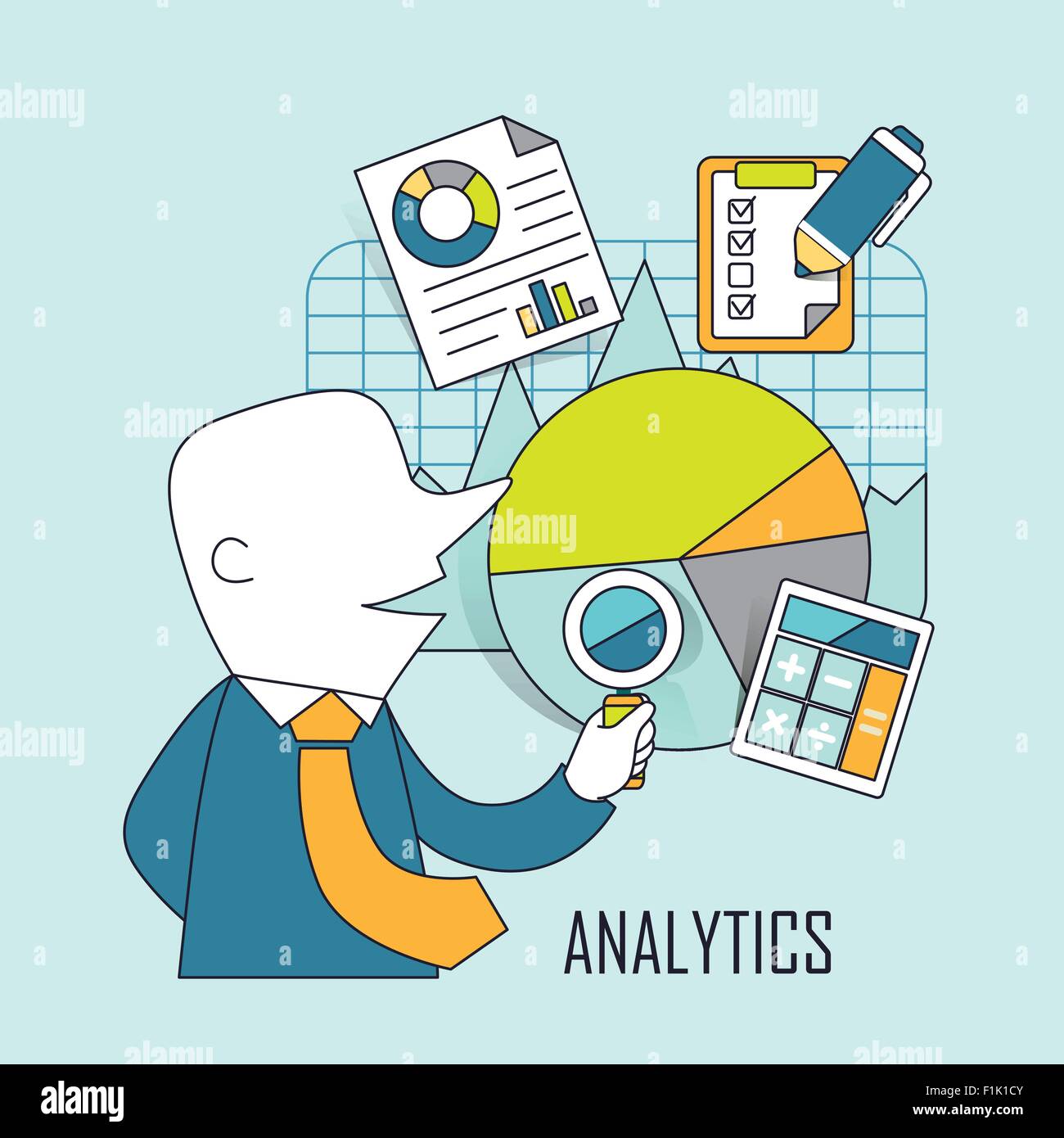 analytic concept: businessman checking data and chart in line style ...