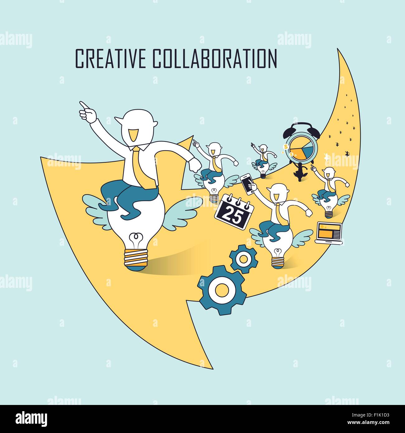 creative collaboration concept: businessmen sitting on flying bulbs ...