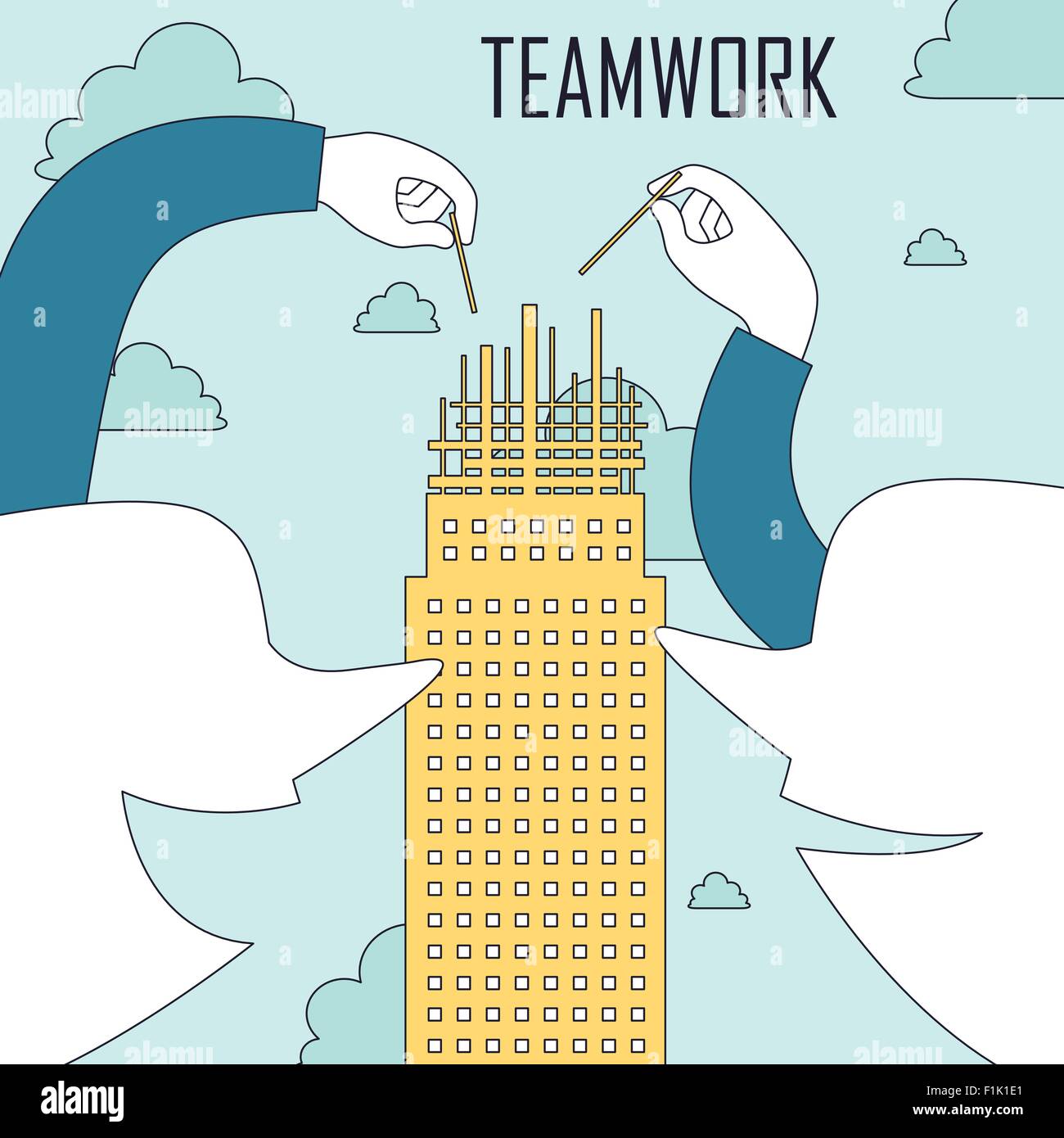 teamwork concept: two people constructing a building together in line ...