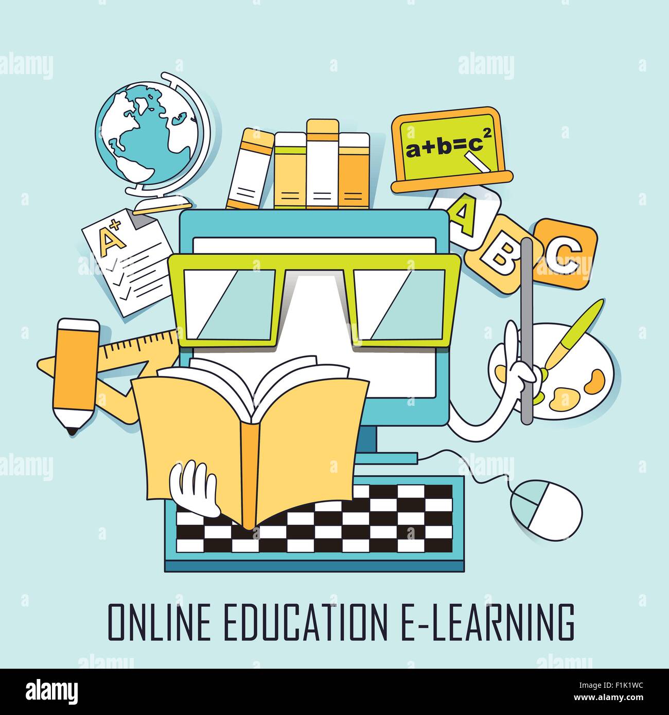 online education concept: learning elements and computer in line style ...